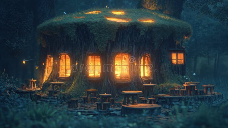Enchanted Forest Cottage at Night with Glowing Windows Stock ...