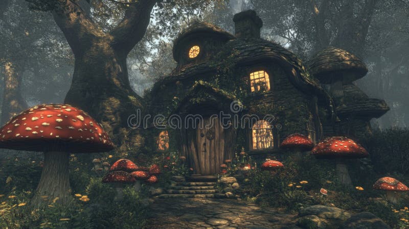 Enchanted Forest Cottage Red Mushrooms Stock Photos - Free & Royalty ...