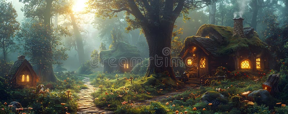 Enchanted Forest with Cozy Cottages and a Winding Path Stock ...