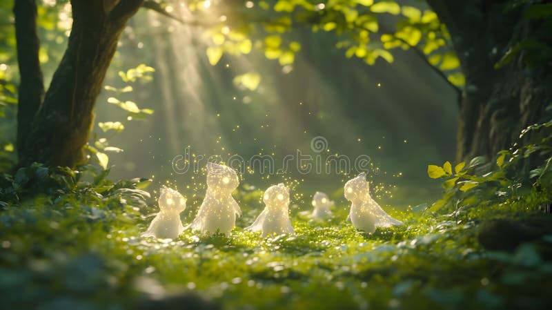 Enchanted Forest Creatures Gather Under Sunlit Canopy of Magical Woods ...
