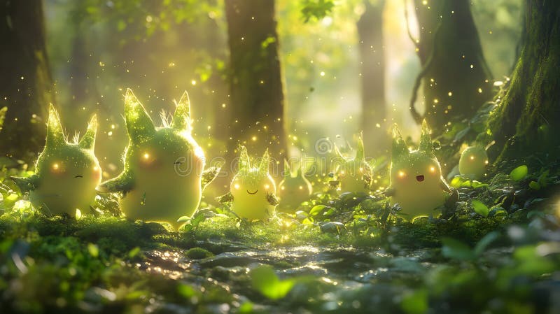 Enchanted Forest Creatures in a Sunlit Magical Woodland Setting Stock ...
