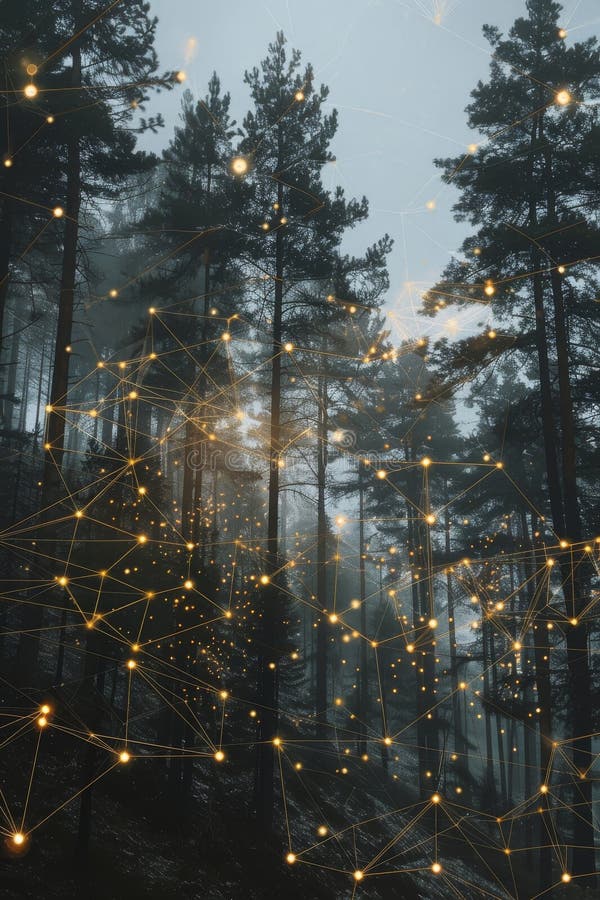 Enchanted Forest with Digital Network Overlay in Misty Atmosphere Stock ...