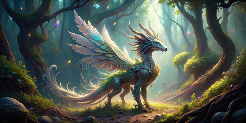 Enchanted Forest Dragon a Serene Winged Creature in a Mystical Woodland ...