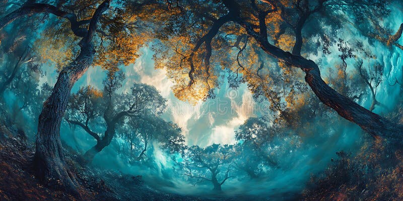 Enchanted Forest a Dreamlike Teal and Gold Canopy Stock Illustration ...