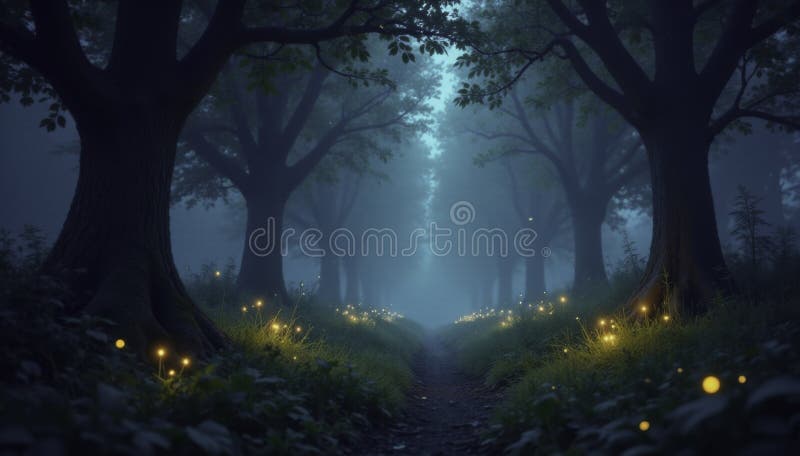 Enchanted Forest at Dusk with Fireflies and Twinkling Lights, Magical ...