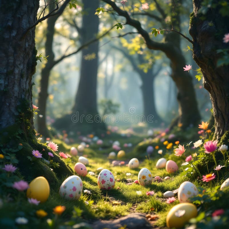 Enchanted Forest Easter Egg Hunt Scene Stock Illustration ...