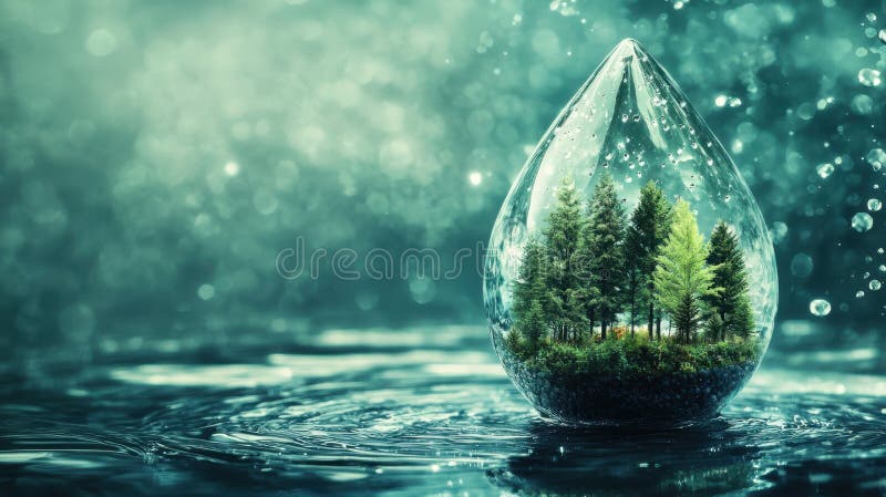 Enchanted Forest Encapsulated in Water Drop on Serene Lake Stock Image ...