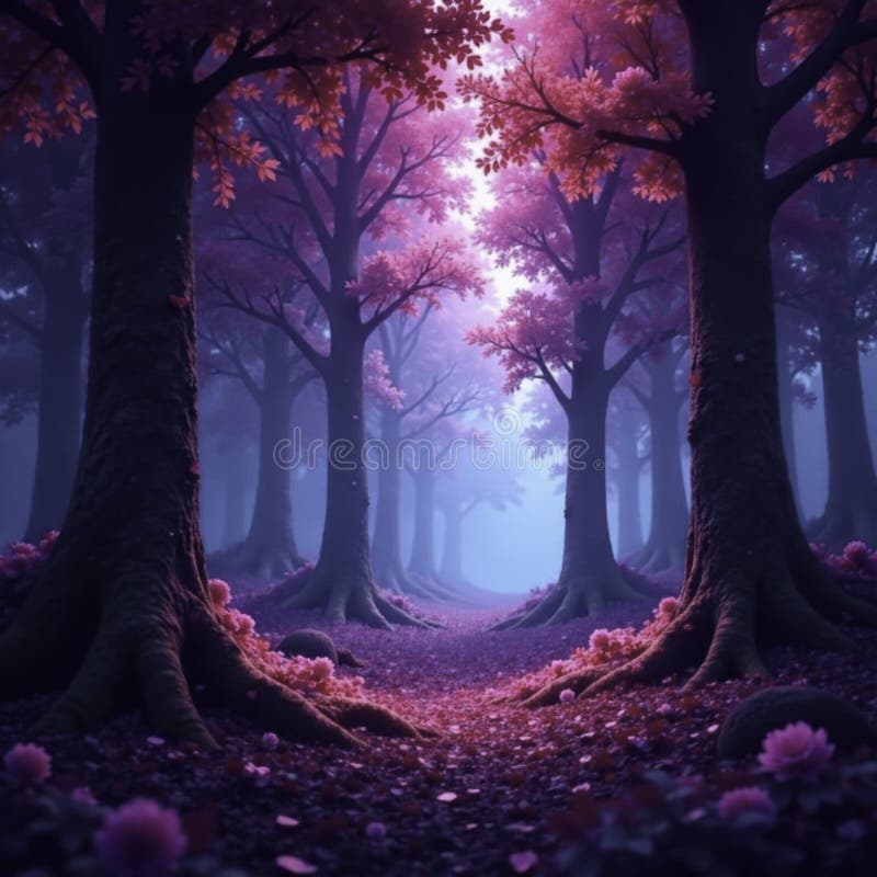 Enchanted Forest with Ethereal Trees and Twinkling Pink Lights, Nature ...