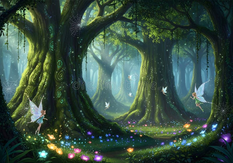 Enchanted Forest with Fairies. Stock Illustration - Illustration of ...