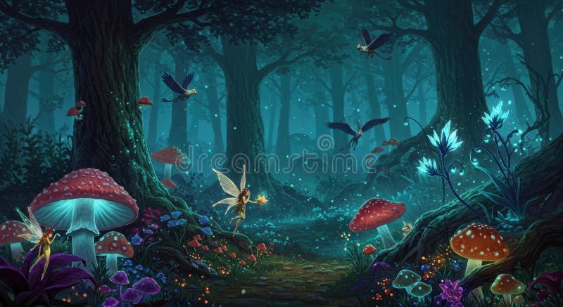 Enchanted Forest with Fairies and Glowing Mushrooms in Magical Night ...