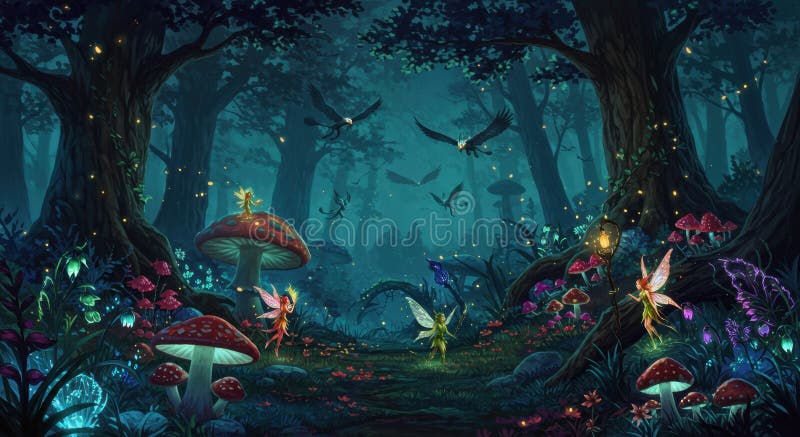 Enchanted Forest with Fairies and Magical Mushrooms at Night Stock ...