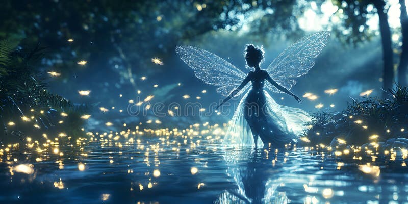 Enchanted Forest Fairy: Night River, Firefly Magic Stock Illustration ...