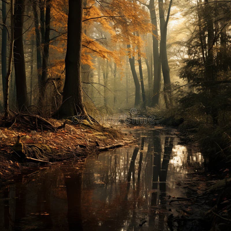 Enchanted Forest in the Fall with a Tranquil Creek Flowing Gently among ...