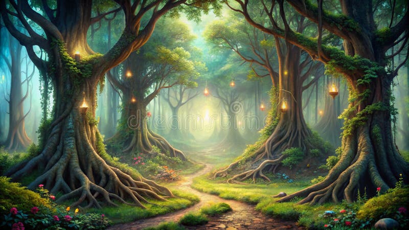 Enchanted Forest Filled with Towering Trees Intricate Roots and ...