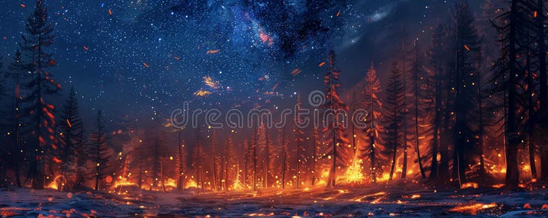 Enchanted Forest on Fire Under Starry Night Sky Stock Image - Image of ...