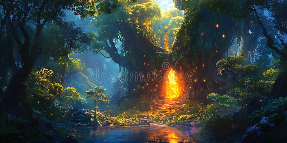 Enchanted Forest Firelight Fantasy Nature Wallpaper Stock Illustration ...