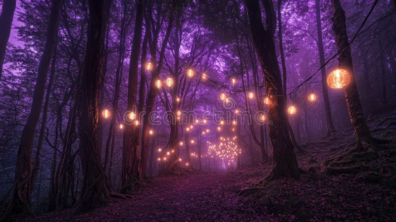 Enchanted Forest with Floating Lights, Twisted Trees, and a Vibrant ...
