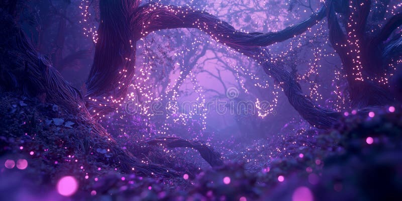 Enchanted Forest with Floating Lights, Twisted Trees, and a Vibrant ...