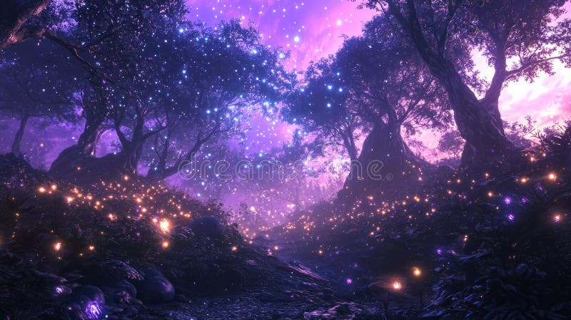 Enchanted Forest with Floating Lights, Twisted Trees, and a Vibrant ...