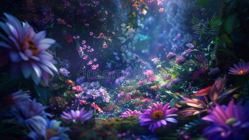 Enchanted Forest Garden with Lush Flowers and Magical Light Stock Image ...