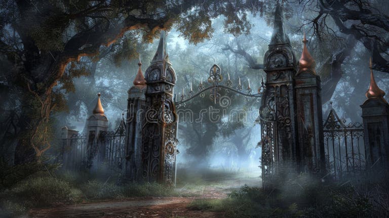 Enchanted Forest Gate in Misty Twilight Stock Image - Image of mystical ...