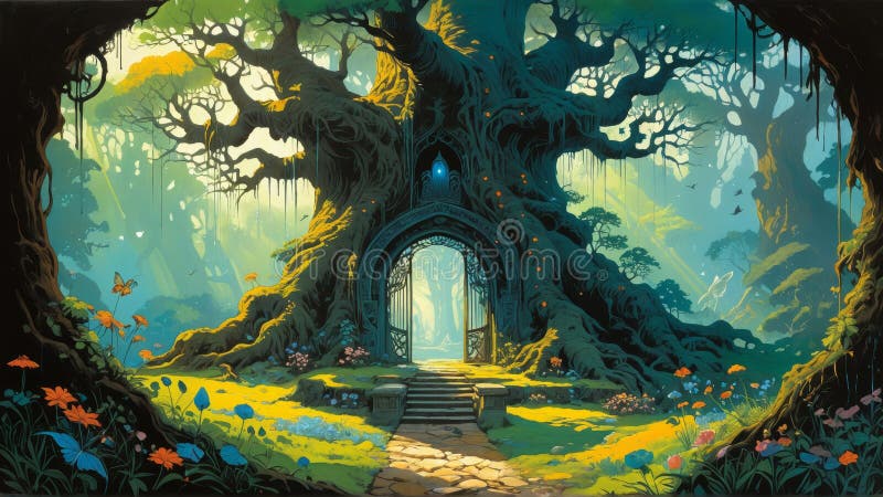 Enchanted Forest Gateway with Ancient Tree and Magical Archway at Dawn ...