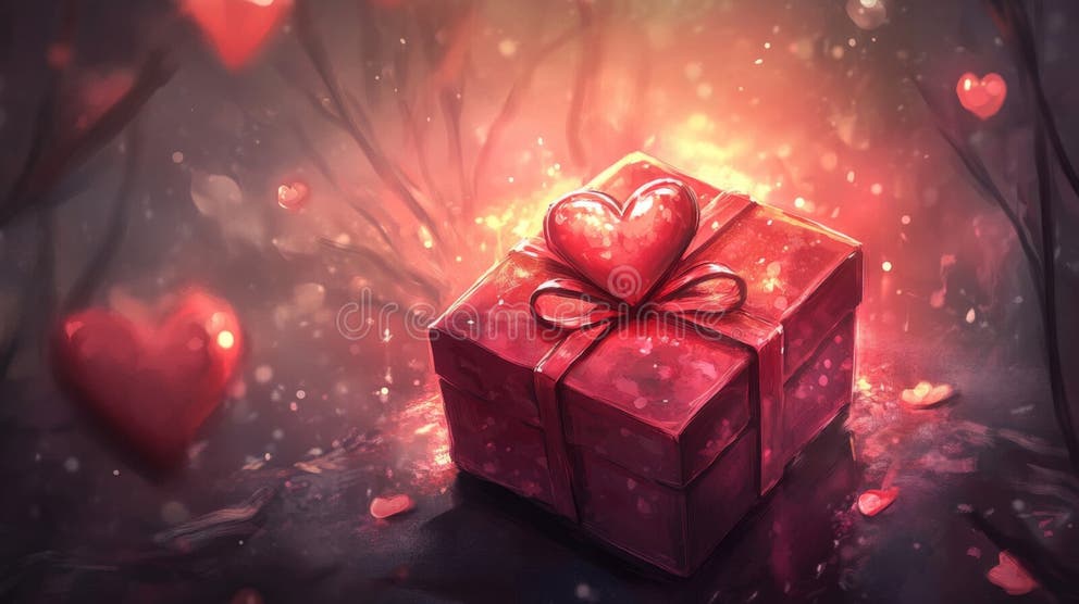 Enchanted Forest Gift Box with Glowing Red Heart Stock Illustration ...