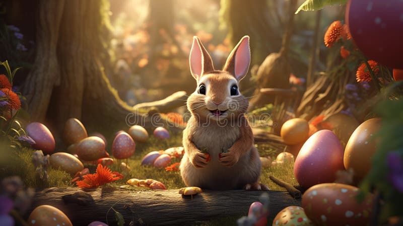 A Fabulous Easter Wonderland with a Curious Bunny Amidst Bright Eggs ...