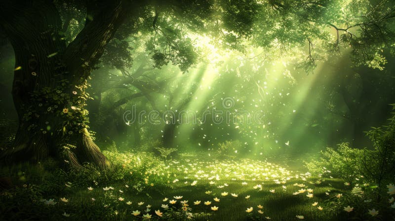 Enchanted Forest Glade with Mystical Morning Light Stock Illustration ...