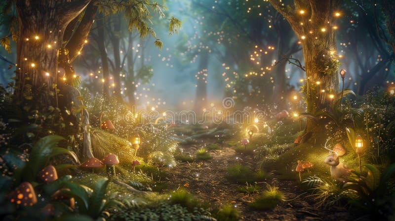 An Enchanted Forest Glade with Sparkling Fairy Lights Stock ...