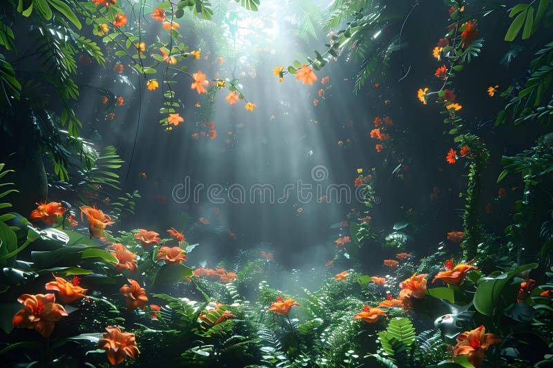 Enchanted Forest Glow: Lush Greenery & Radiant Blossoms. Concept ...