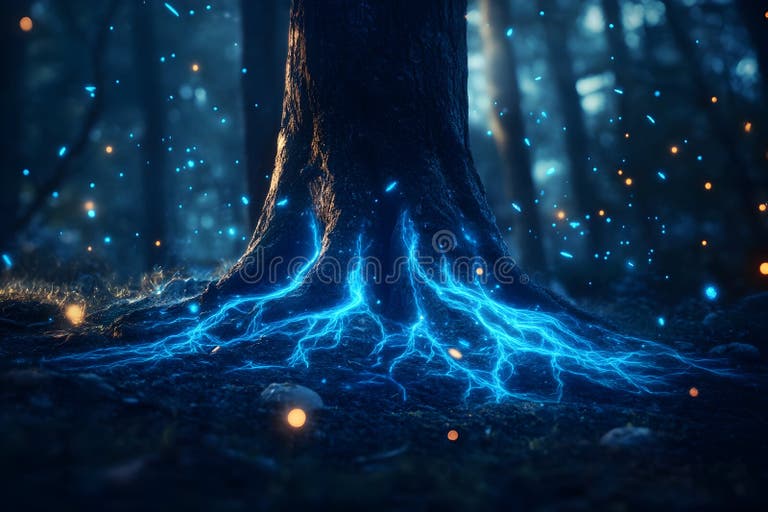 Enchanted Forest with Glowing Blue Magic Surrounding Tree Roots Stock ...