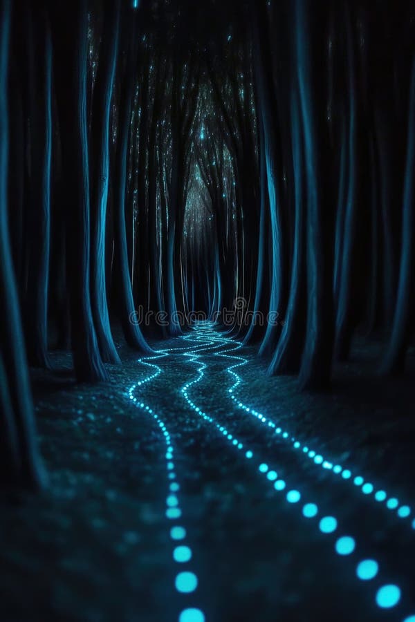 Enchanted Forest with Glowing Blue Path Under Starry Night Sky Stock ...