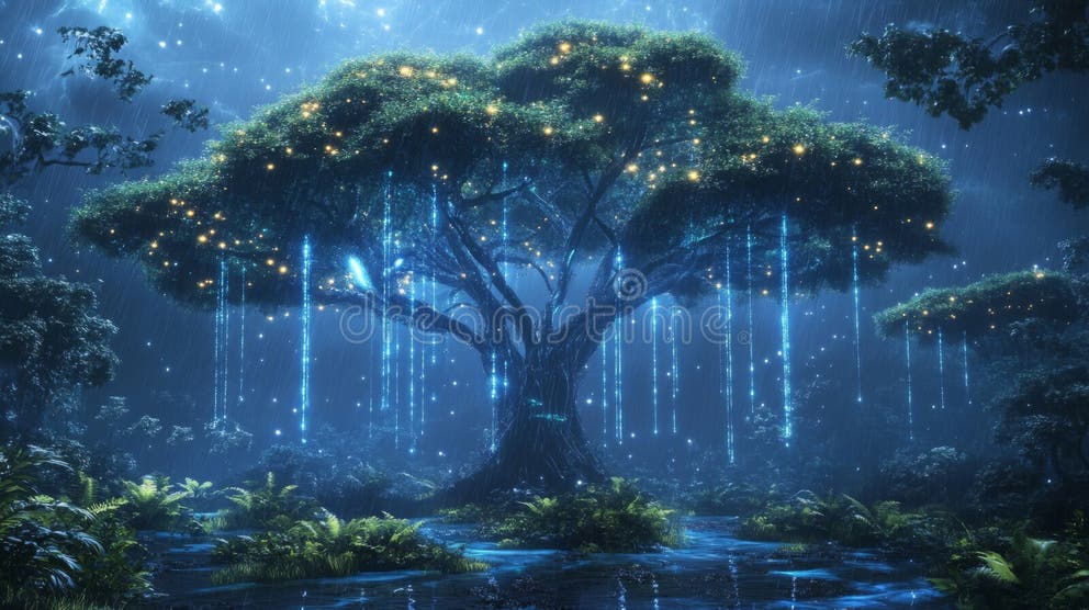 Enchanted Forest with Glowing Blue Tree at Night Stock Illustration ...