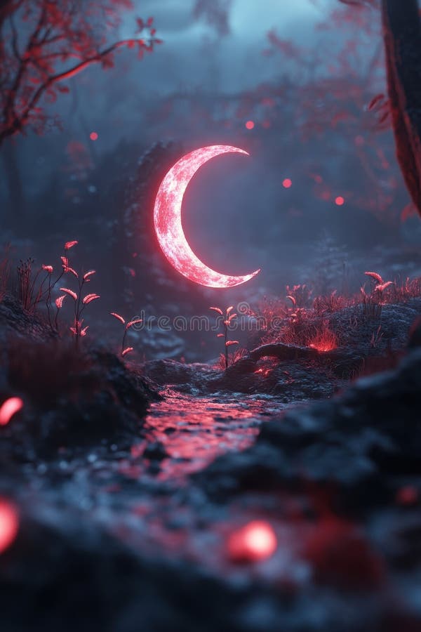 Enchanted Forest with Glowing Crescent Moon and Mystical River at Dusk ...