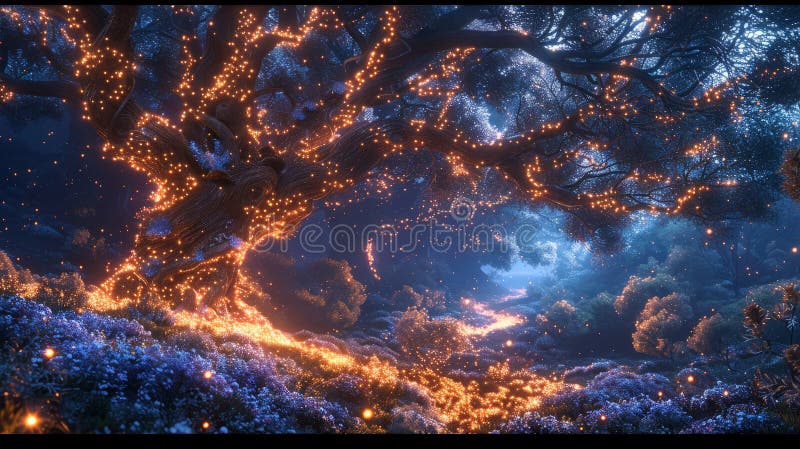 Enchanted Forest with Glowing Lights.Mystical Fireflies Stock ...