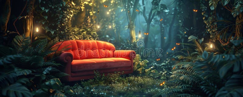 Enchanted Forest with Glowing Lights and Red Couch Surrounded by Lush ...