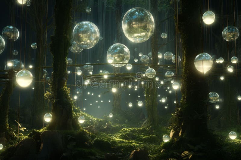 Enchanted Forest with Glowing Memory Spheres an Stock Illustration ...