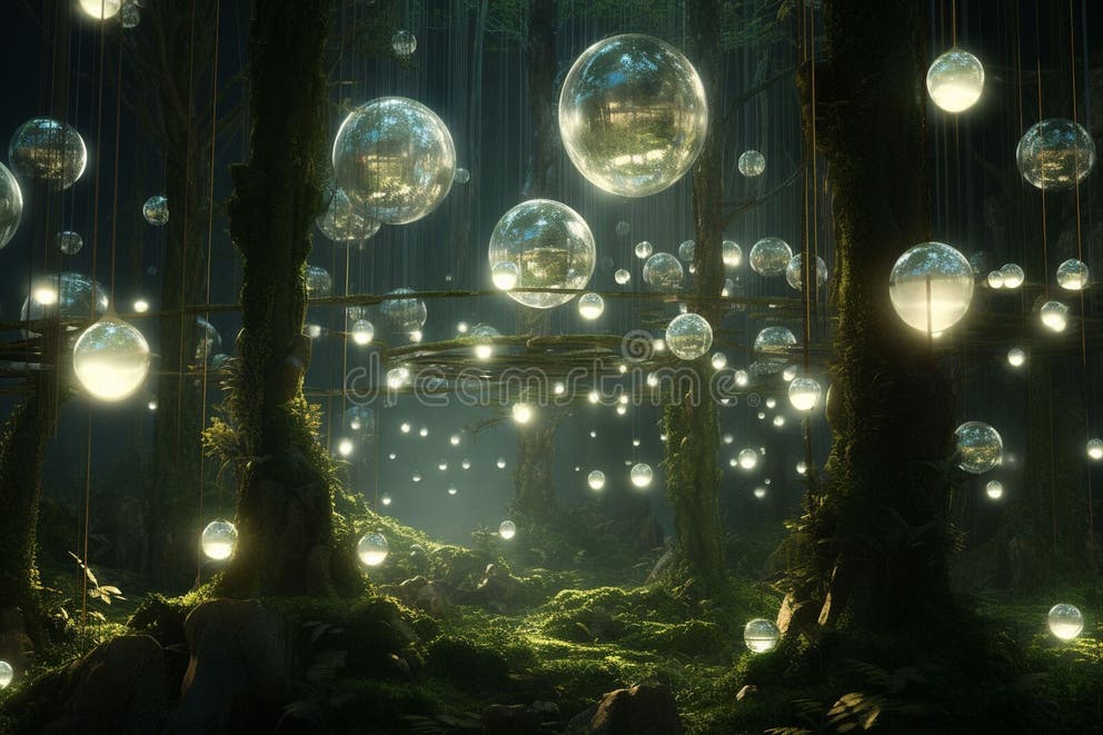 Enchanted Forest with Glowing Memory Spheres an Stock Illustration ...