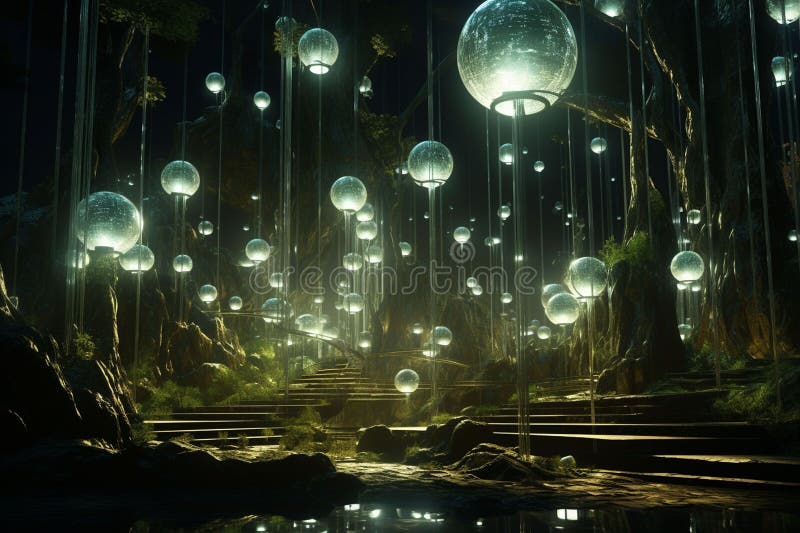 Enchanted Forest with Glowing Memory Spheres an Stock Illustration ...