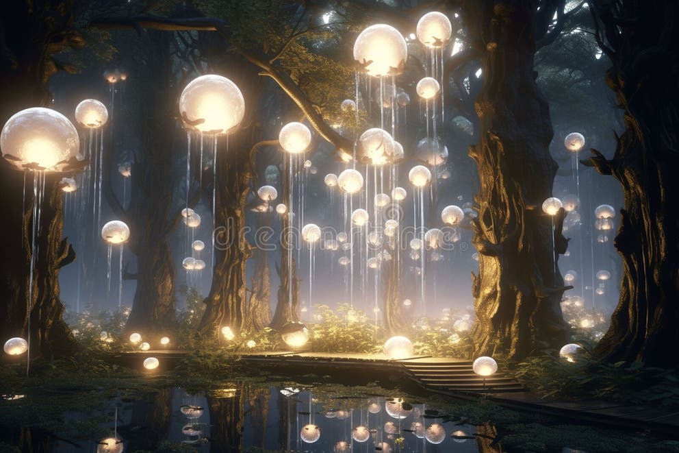 Enchanted Forest with Glowing Memory Spheres an Stock Illustration ...