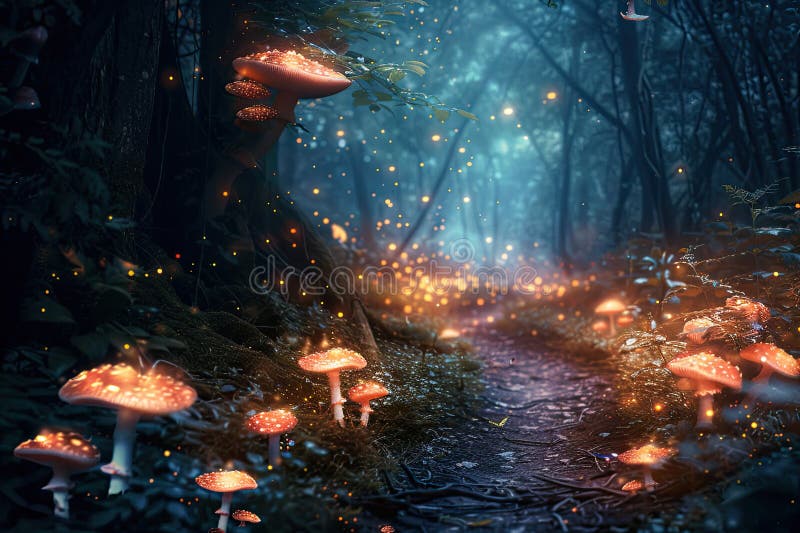 An Enchanted Forest with Glowing Mushrooms and Ghostly Fairies, Leaving ...