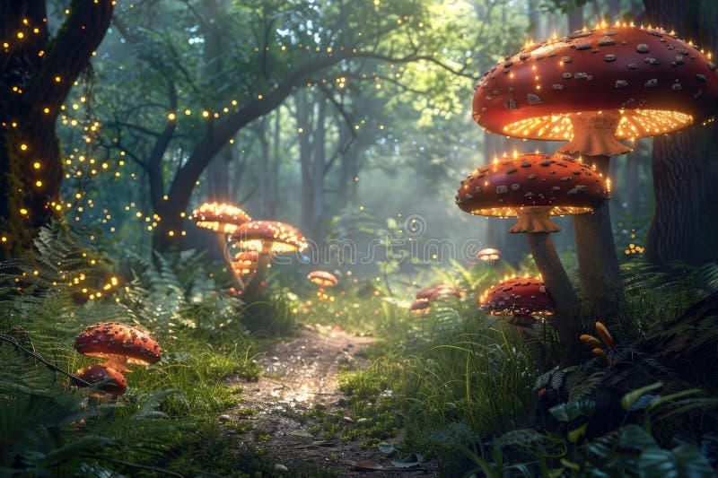 An Enchanted Forest with Glowing Mushrooms and Ghostly Fairies, Leaving ...
