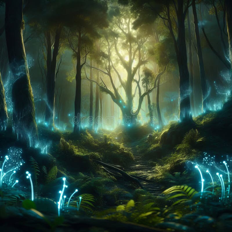 Enchanted Forest Glowing with Mystical Lights at Dawn Stock Photo - Image of atmospheric ...