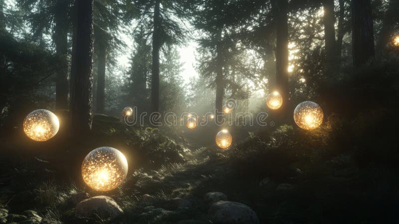 Enchanted Forest with Glowing Orbs at Sunrise Stock Illustration ...