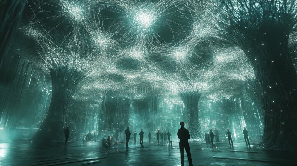 Enchanted Forest of Glowing Particles at Night Stock Illustration ...