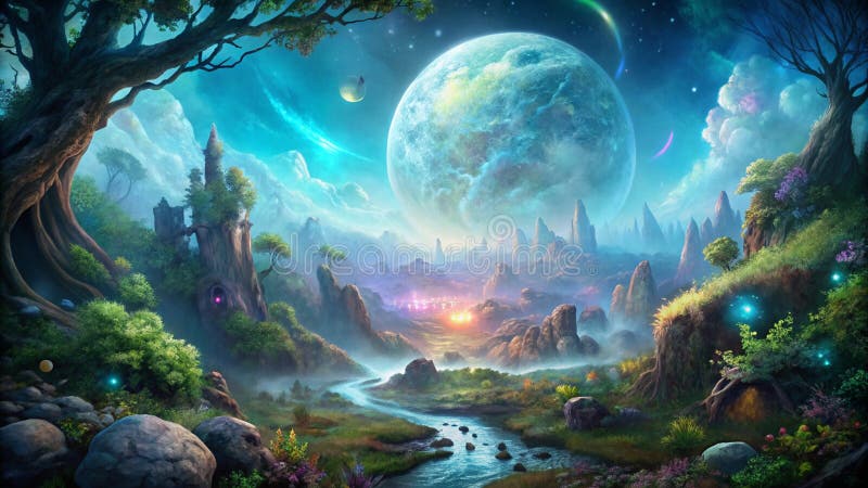 Enchanted Forest with Glowing River and Mysterious Moon Stock ...