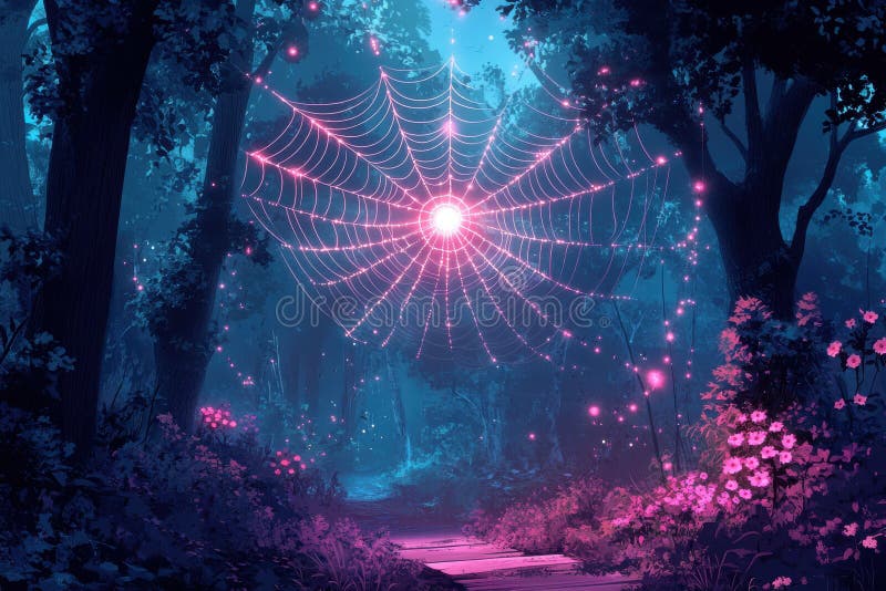 Enchanted Forest with Glowing Spider Web Stock Illustration ...
