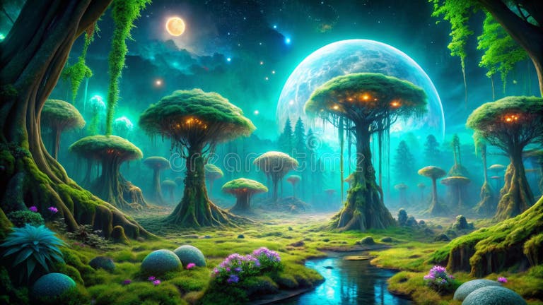 Enchanted Forest with Glowing Trees and Celestial Bodies. Generative AI ...