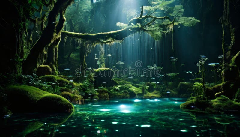 Enchanted Forest with a Glowing Water Pool Stock Photo - Image of glow ...